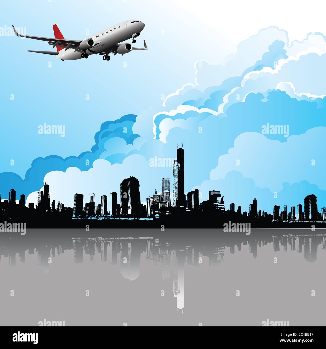 Commercial passenger airplane flying over silhouetted generic city ...