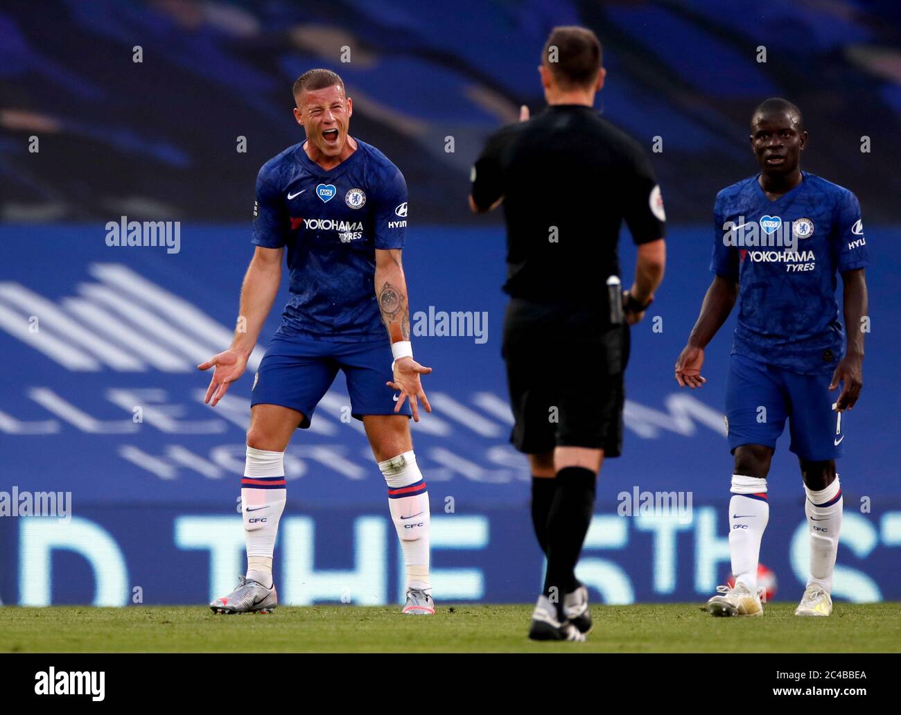 Chelsea's Ross Barkley (left) shouts in frustration at referee Stuart ...