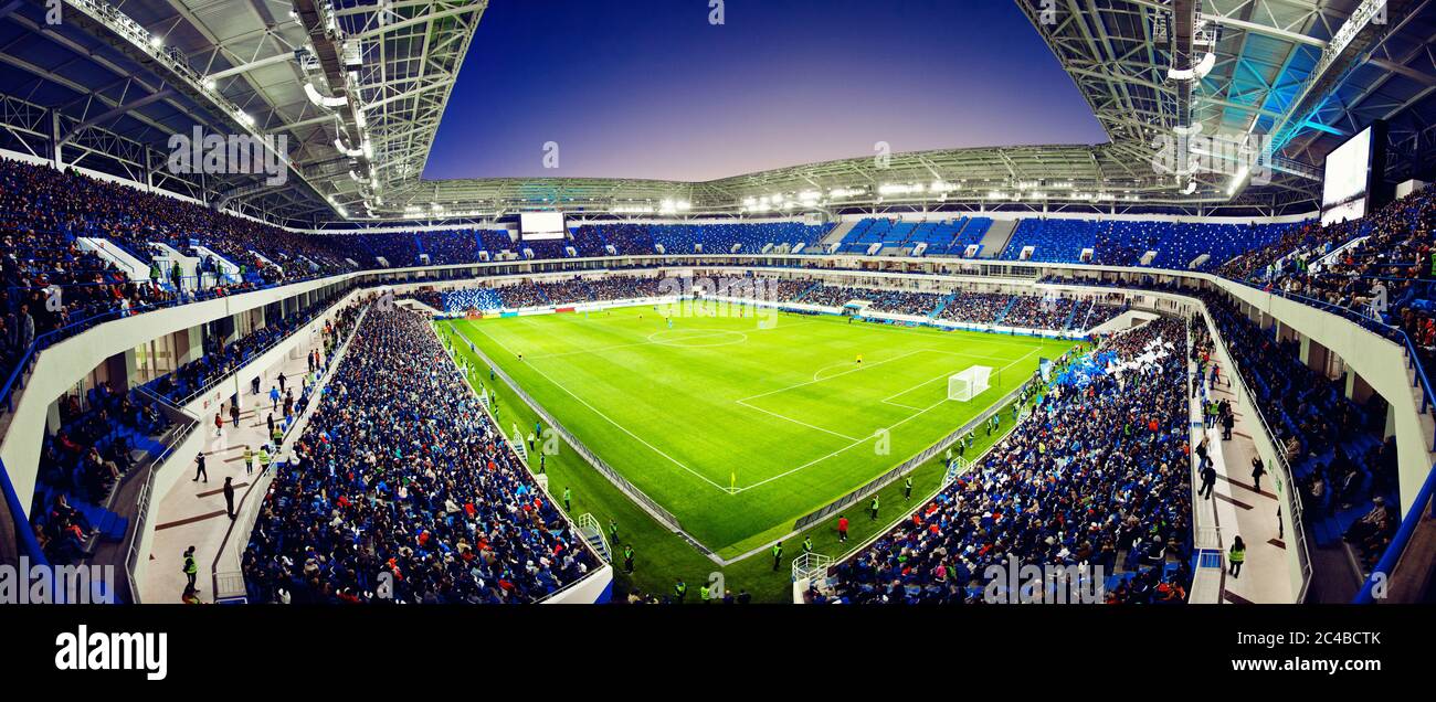 Football stadium, shiny lights, view from field. Soccer concept Stock ...