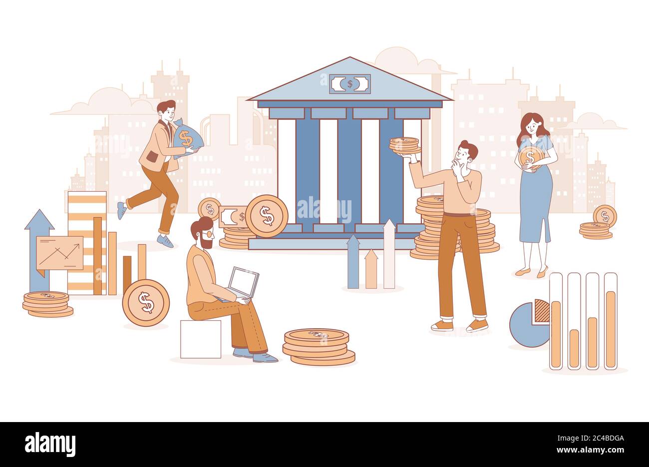 Bank building and people with golden coins cartoon outline illustration ...