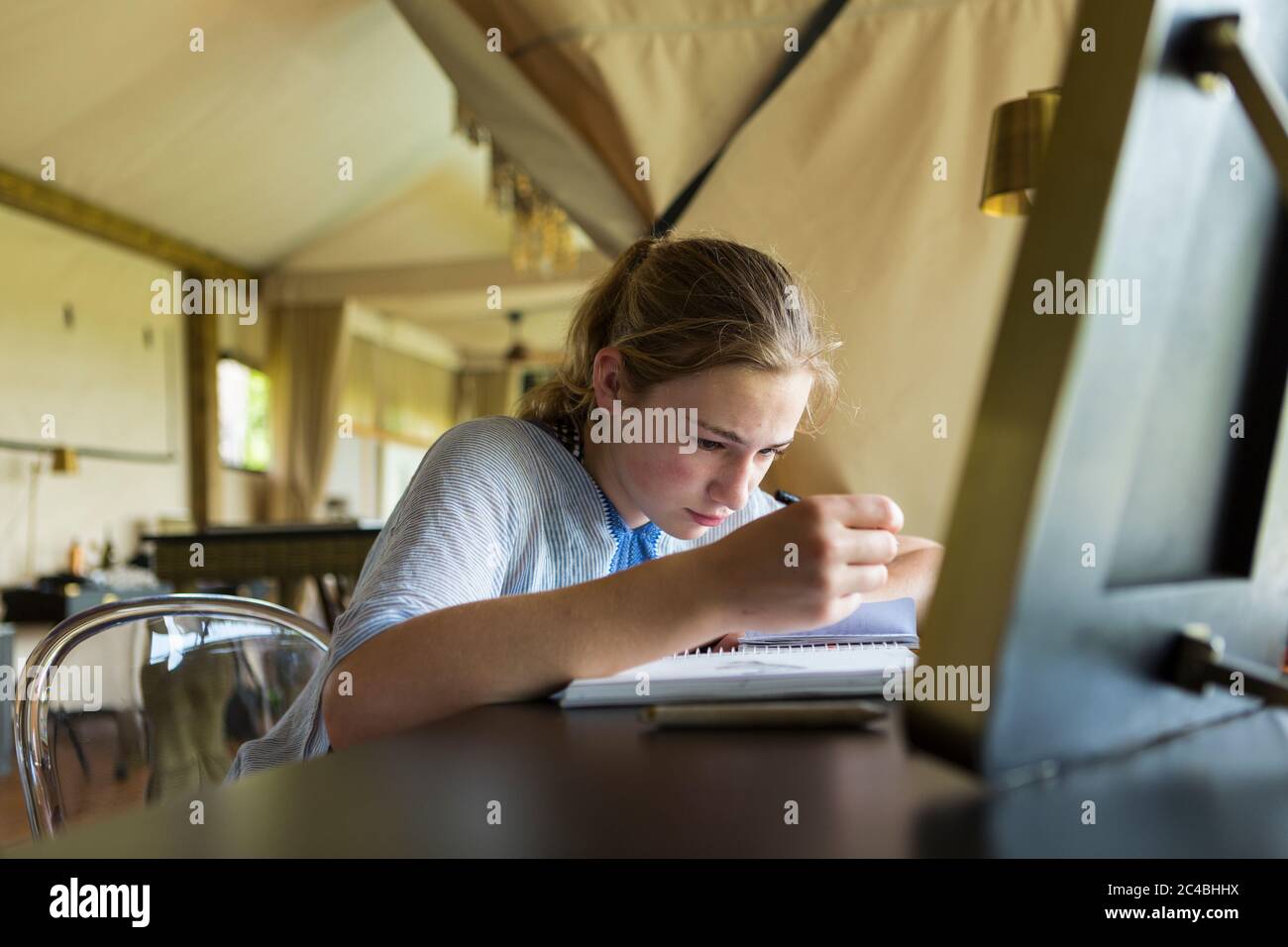13 year old girl writing in her journal, tented camp, Botswana Stock ...