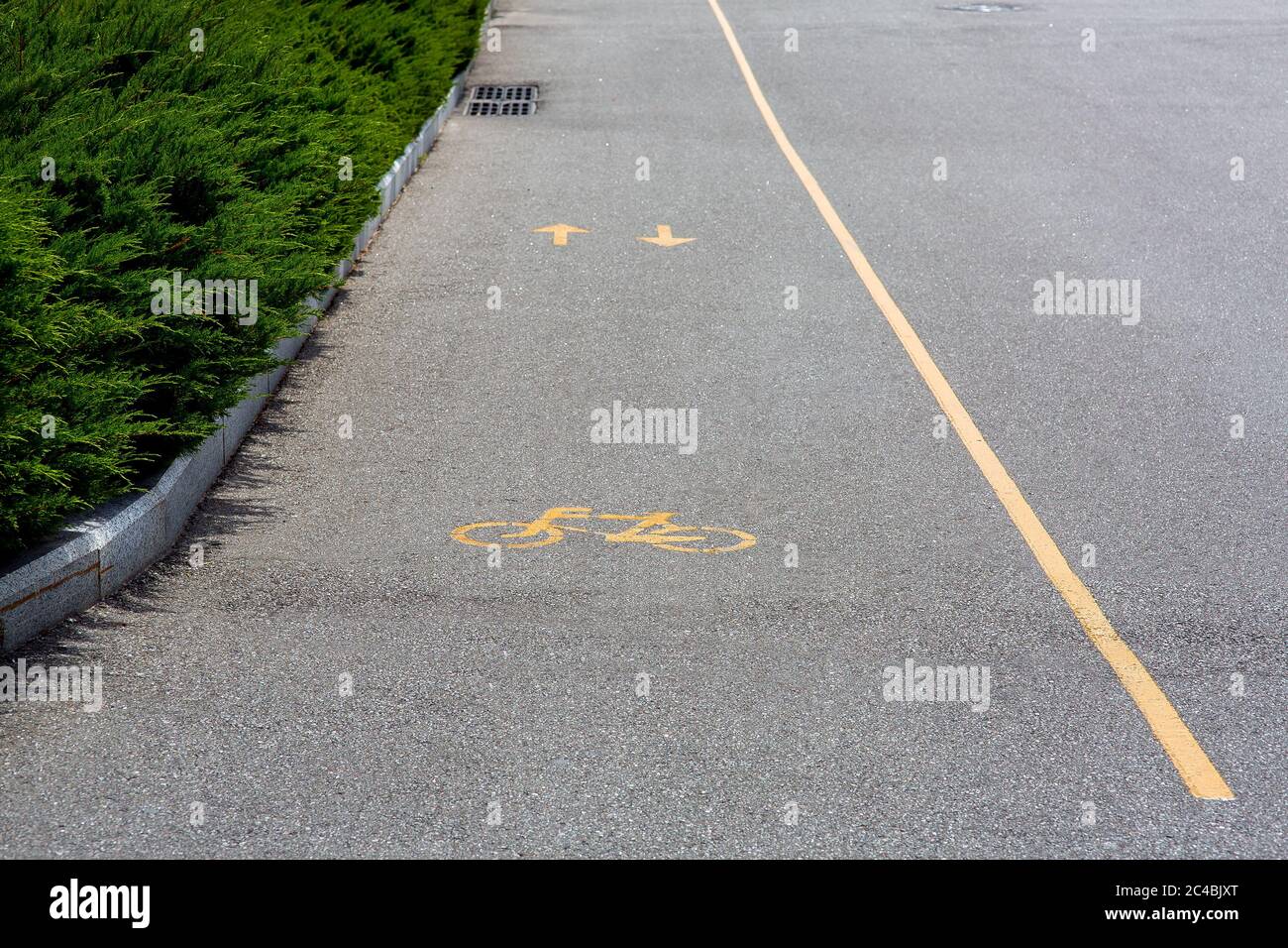 asphalt bike path with a bicycle symbol and yellow markings, closeup ...