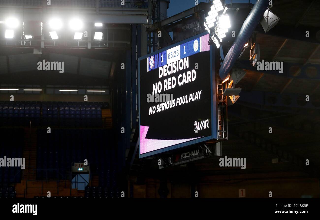 The giant screen reads Decision No Red Card after a VAR review during ...