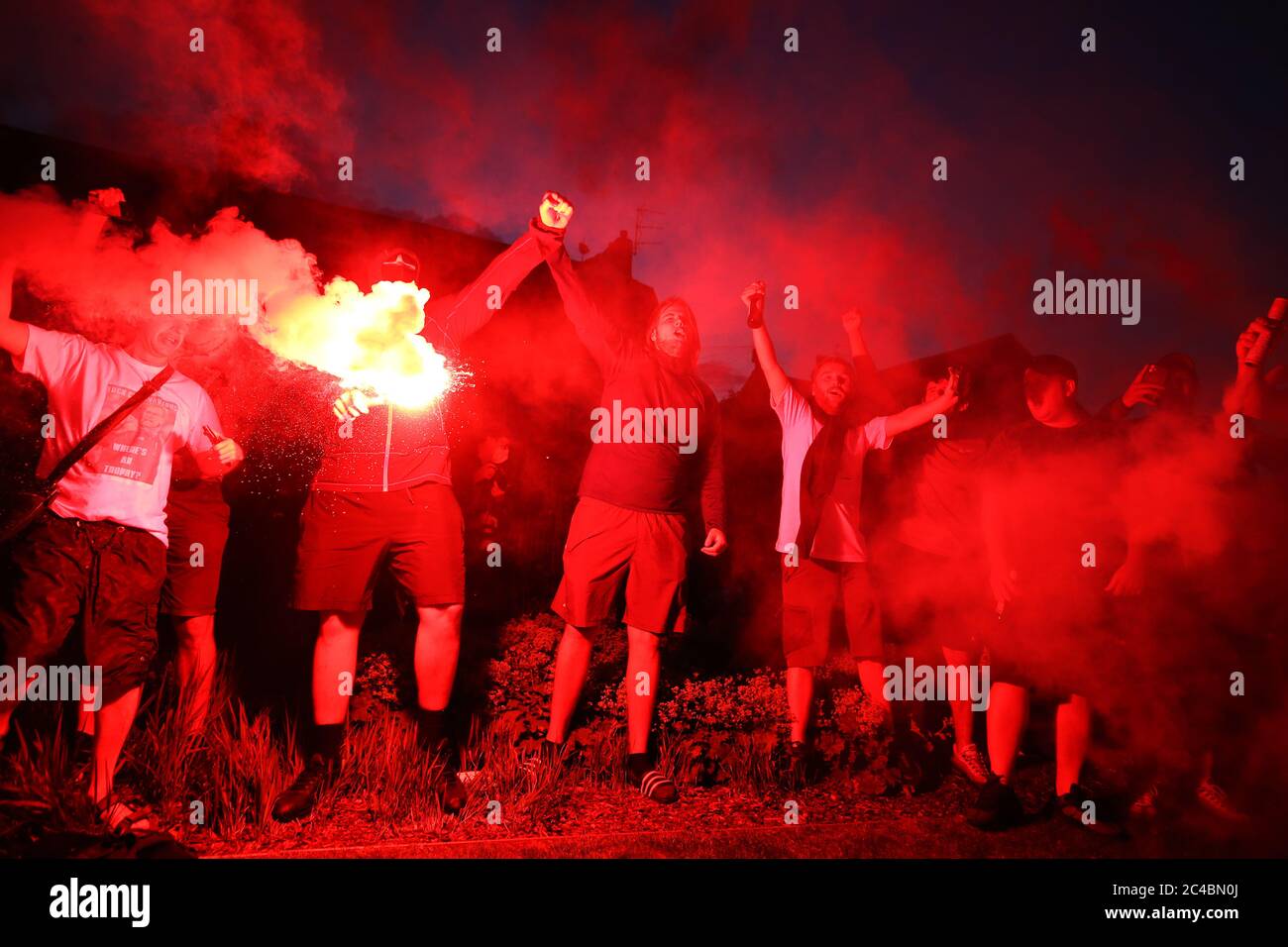 Liverpool fans let off flares outside Anfield, Liverpool Stock Photo ...