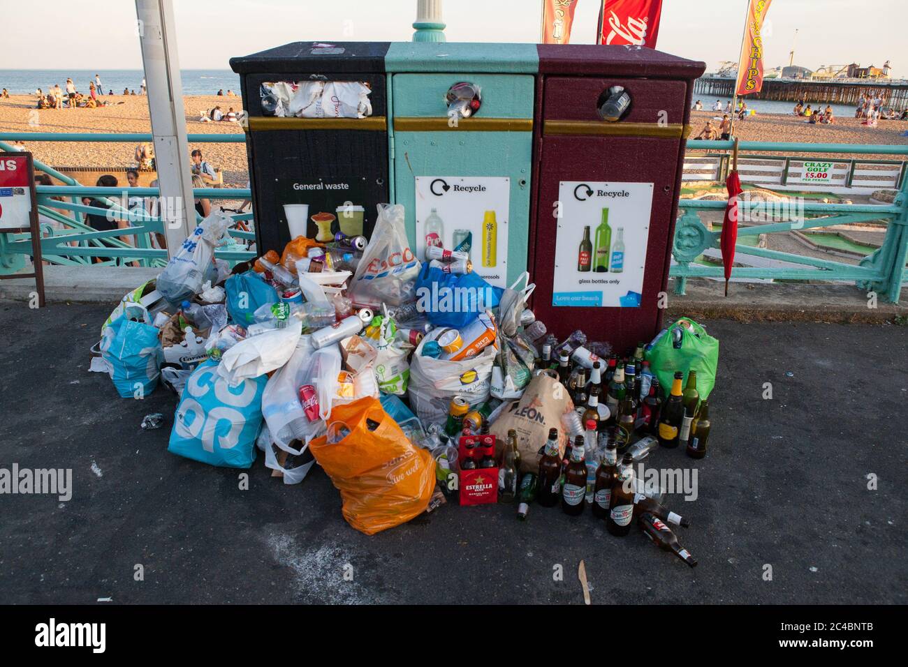 Recycling bins on Brighton seafront overflowing with rubbish and waste ...