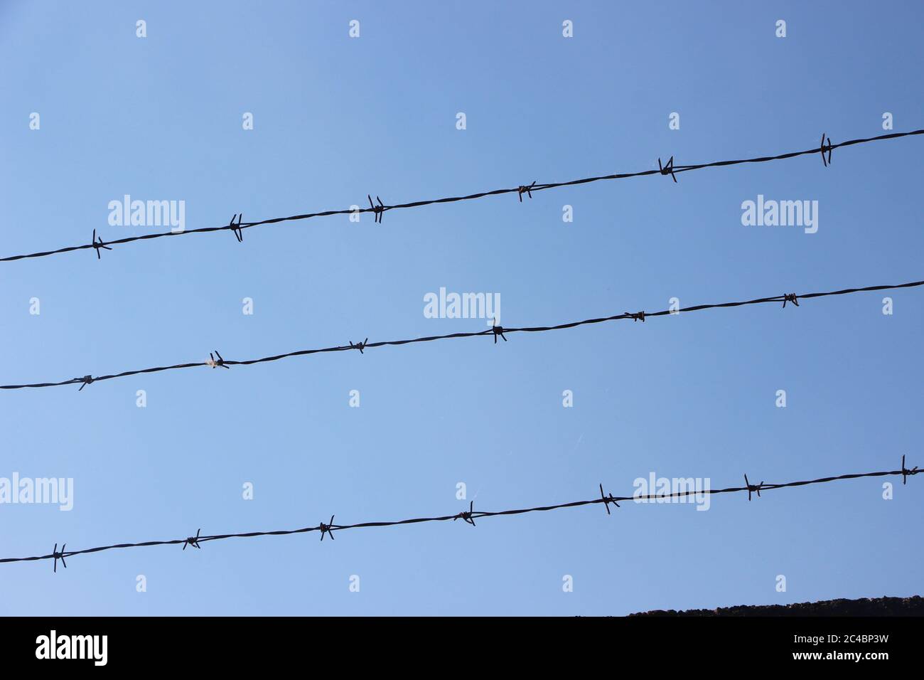 Barbed wires against clear blue sky. Prison and freedom concept crime ...