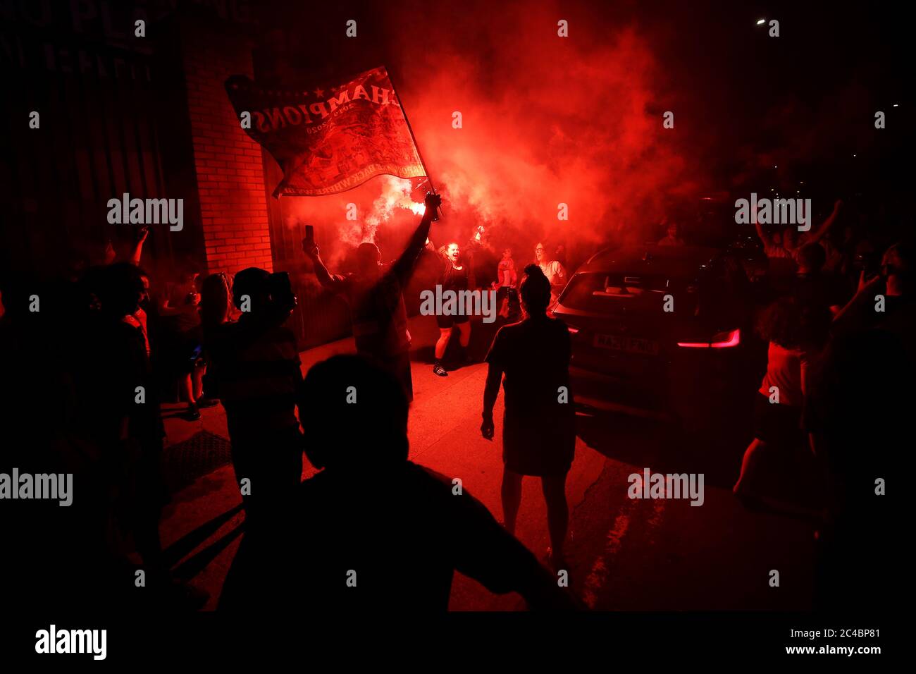 Liverpool fans let off flares outside Anfield, Liverpool Stock Photo ...