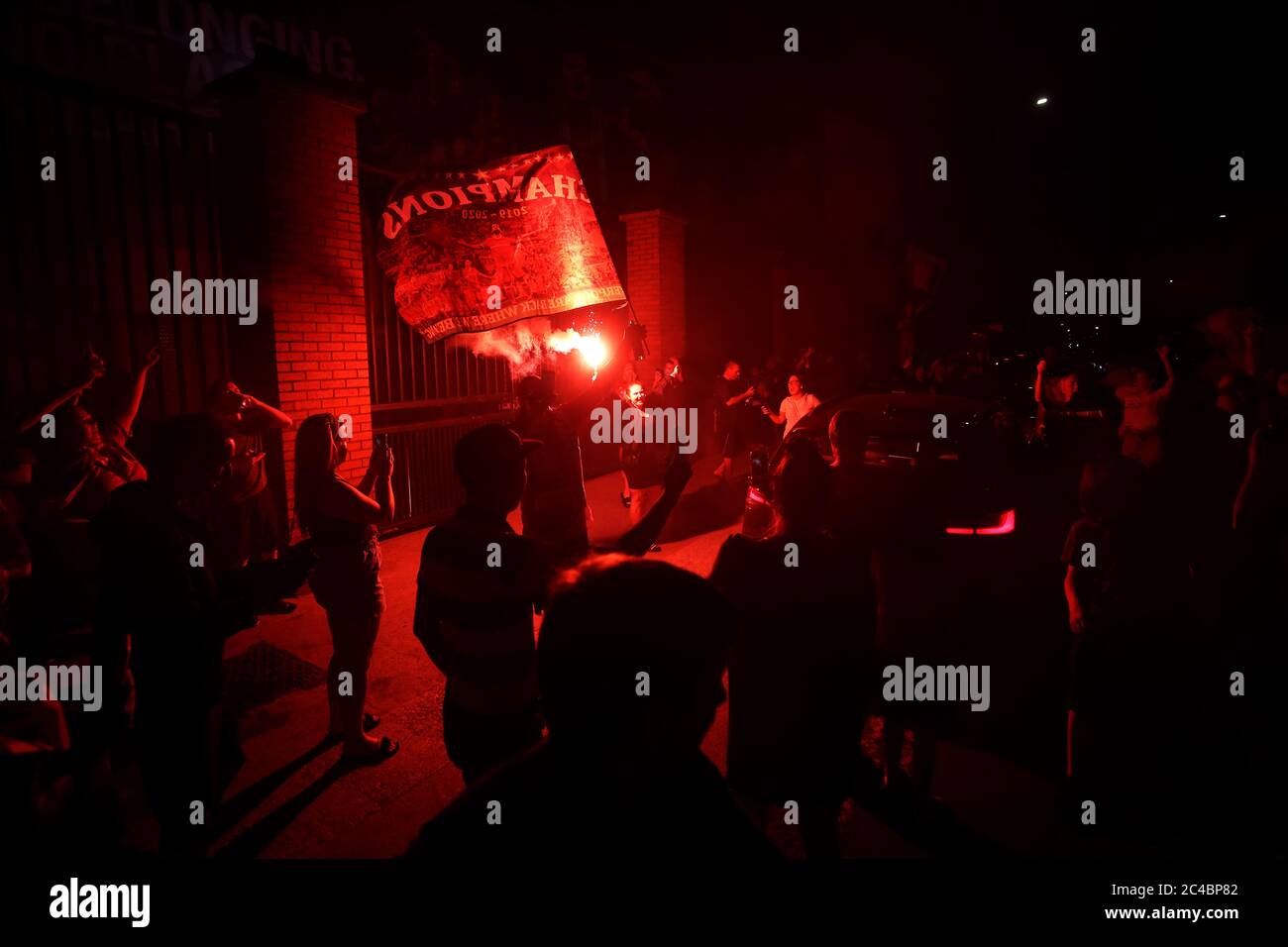 Liverpool fans let off flares outside Anfield, Liverpool Stock Photo ...