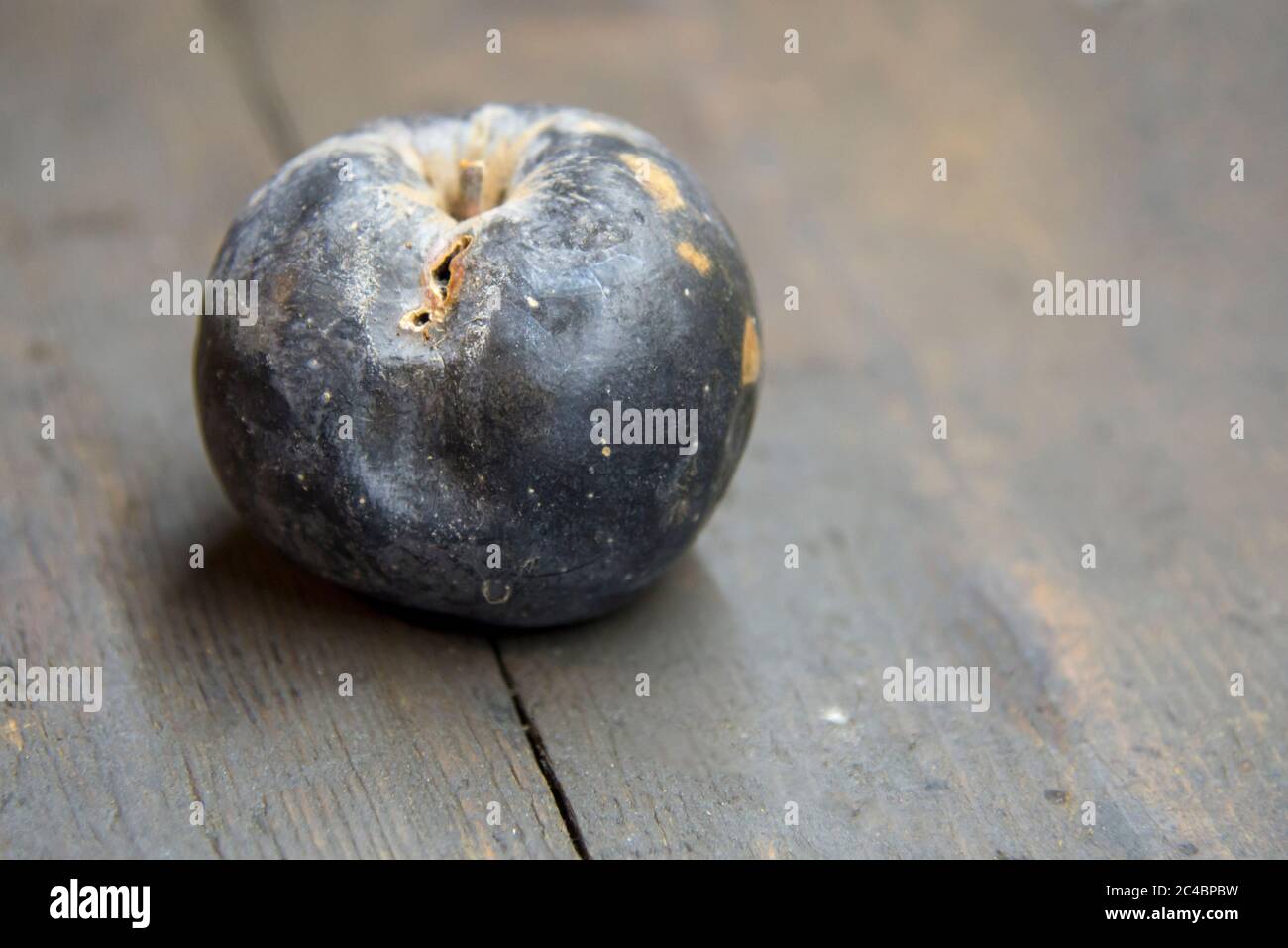 Rotten blackened dried apple on dirty wooden background Stock Photo - Alamy