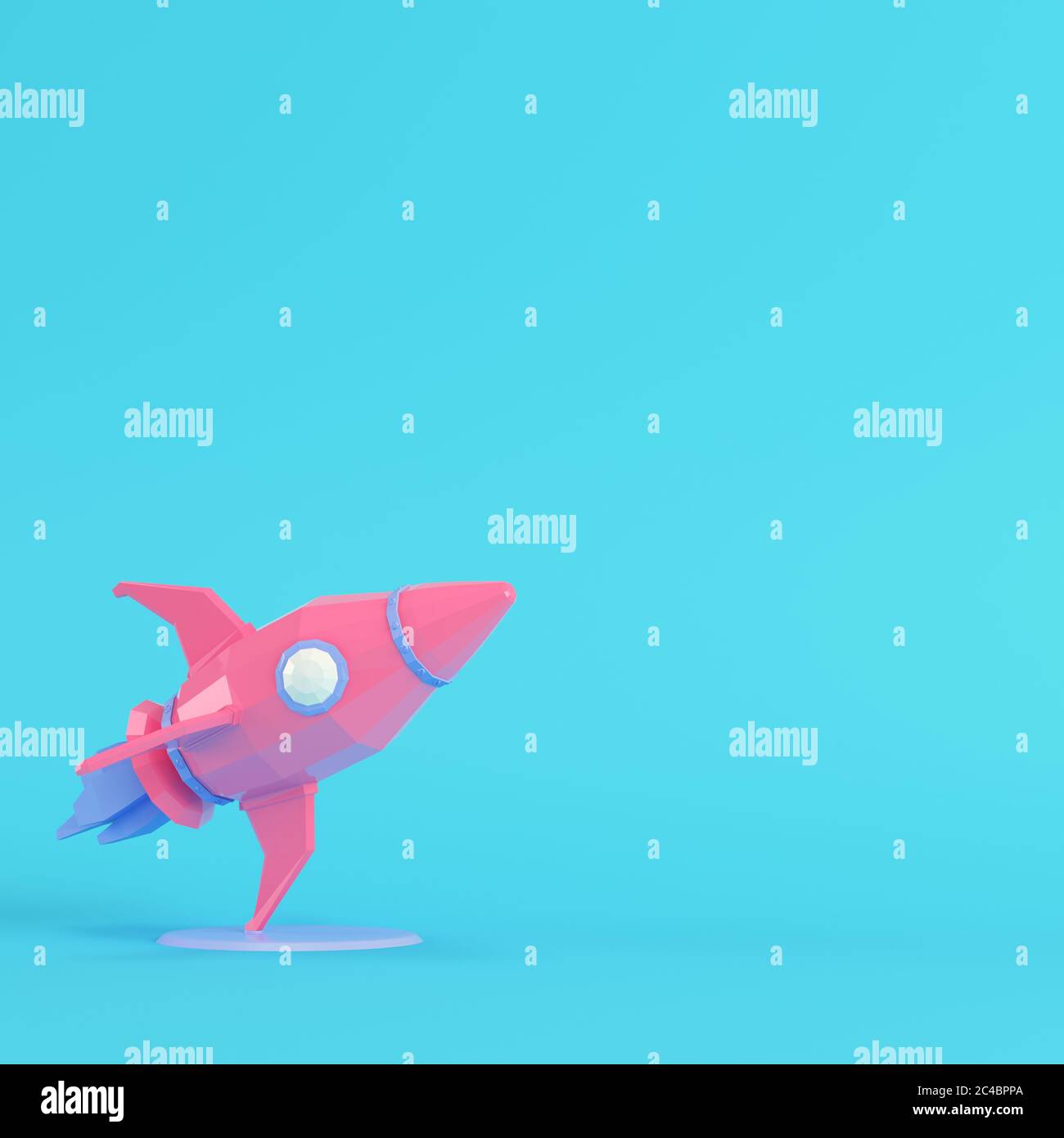 Pink rocket with stand on bright blue background in pastel colors ...