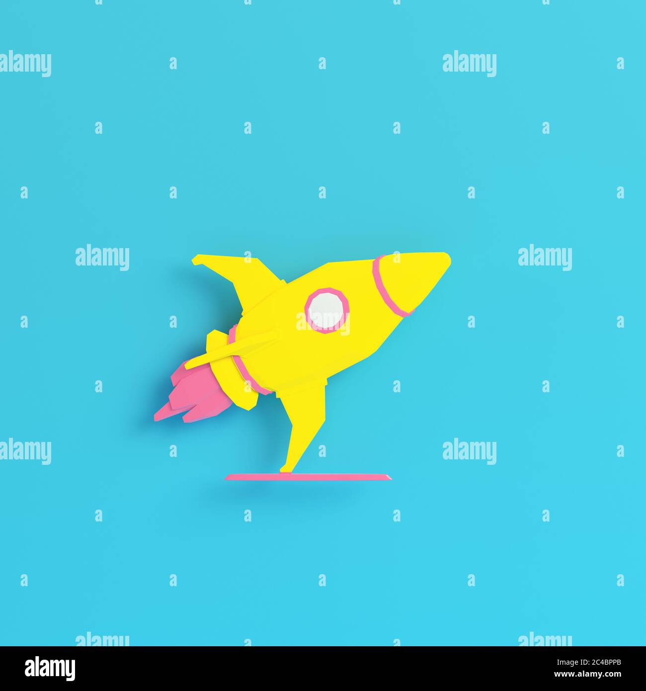 Yellow rocket with stand on bright blue background in pastel colors ...