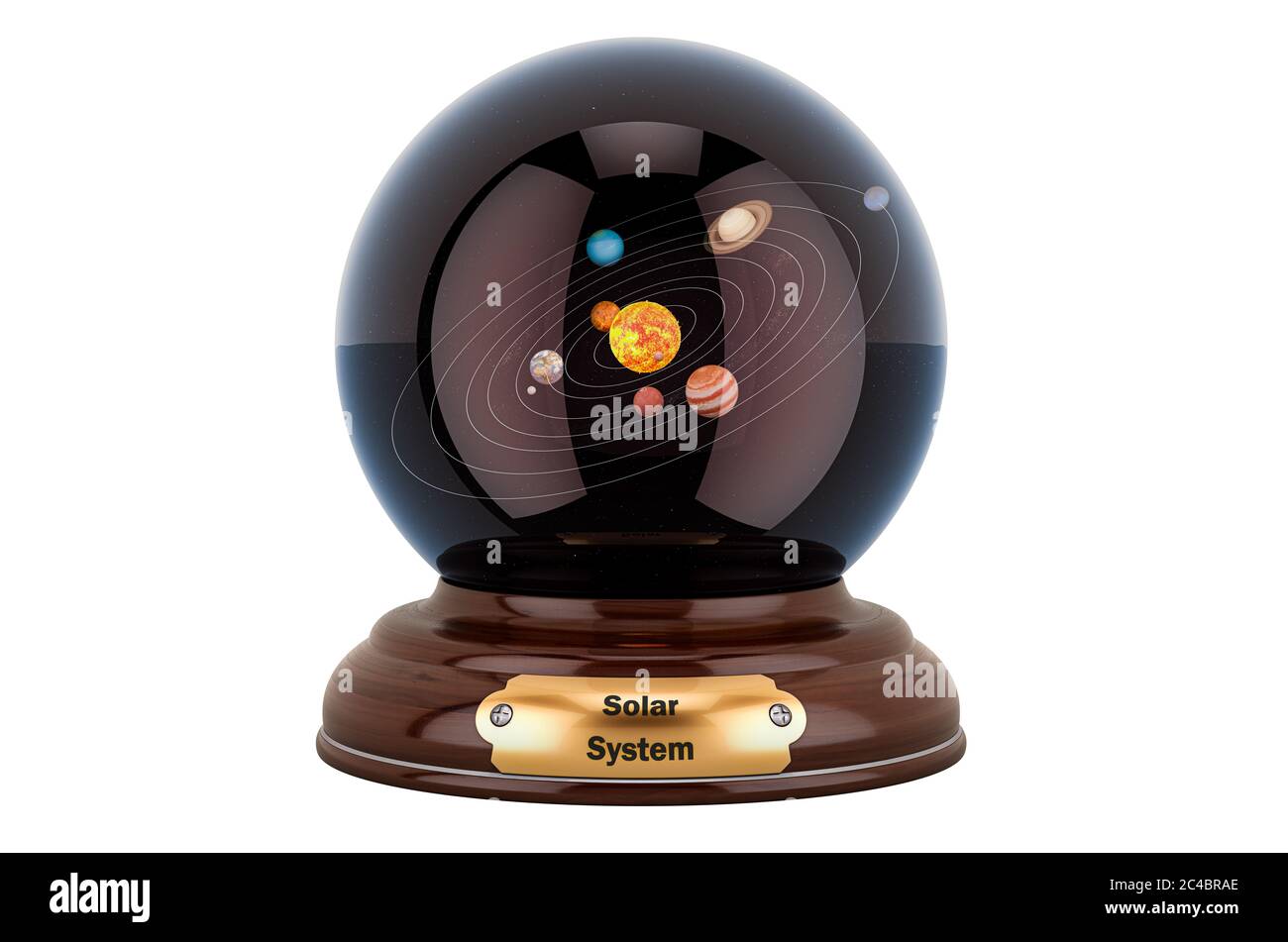 Planets of the solar system inside crystal ball, 3D rendering isolated ...