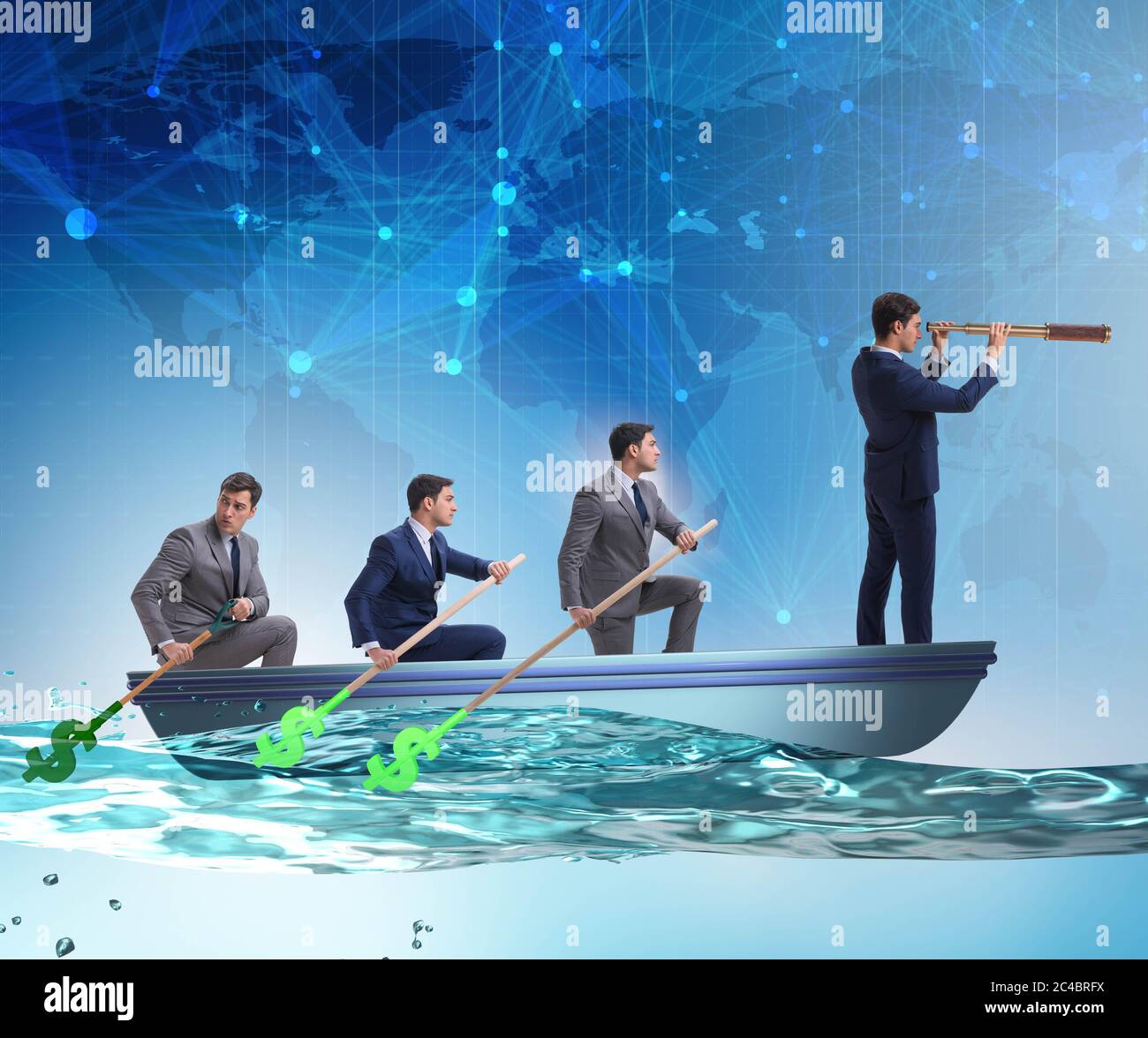 The team of businessmen in teamwork concept with boat Stock Photo - Alamy