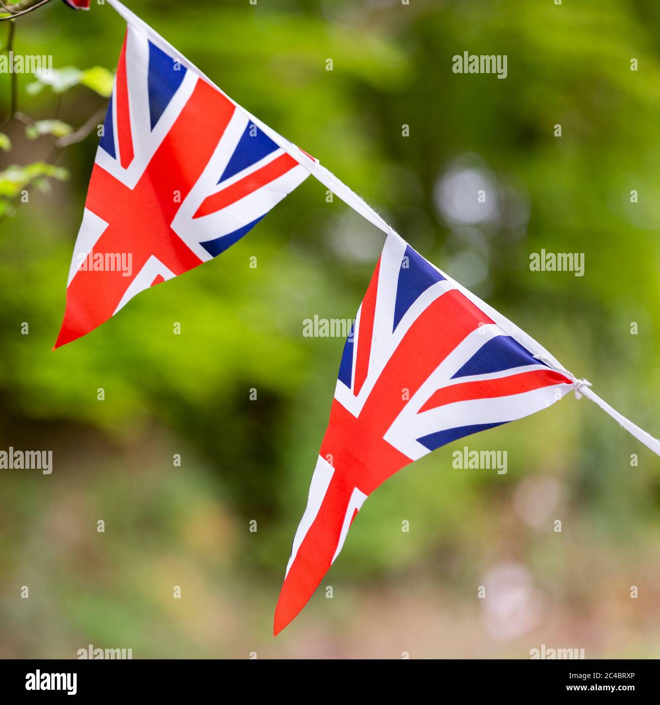 Union Jack pennant bunting hanging from a tree Stock Photo - Alamy