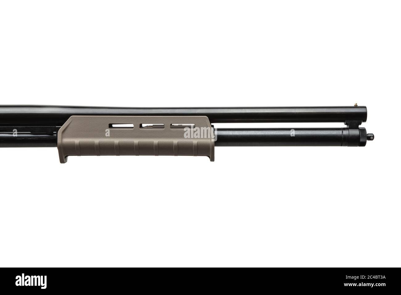 Modern pump-action shotgun with a plastic butt and fore-end isolate on ...