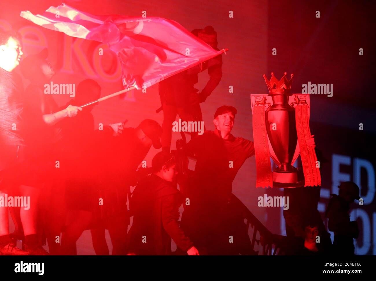 Liverpool fans let off flares outside Anfield, Liverpool Stock Photo ...