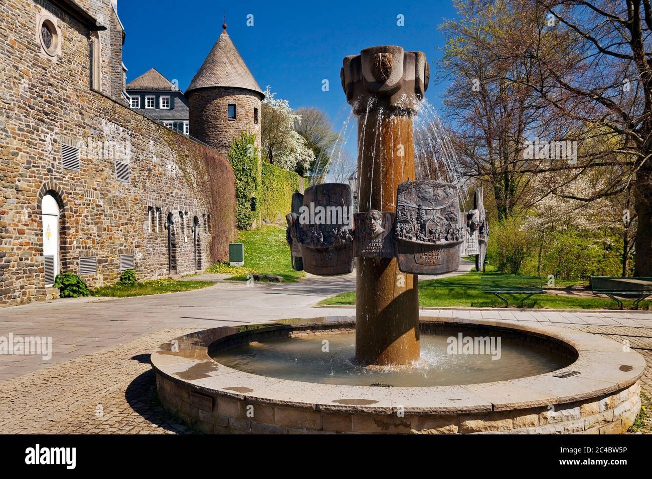 city wall and historical fountain of Olpe, Germany, North Rhine ...