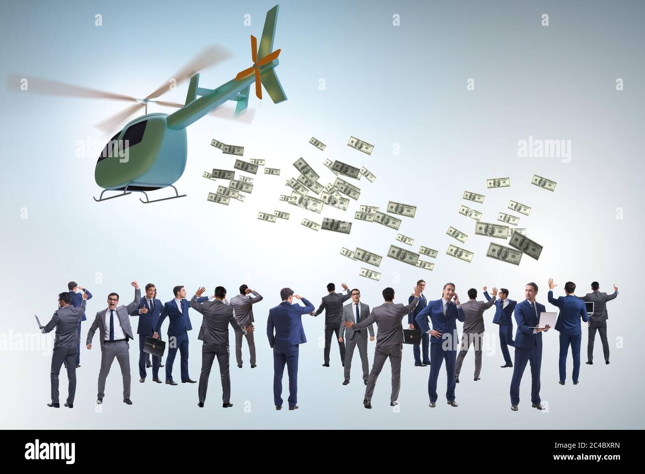 Businessman in the helicopter money concept Stock Photo - Alamy