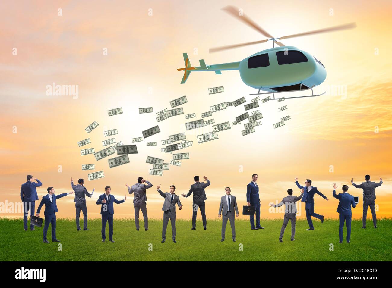 Businessman in the helicopter money concept Stock Photo - Alamy
