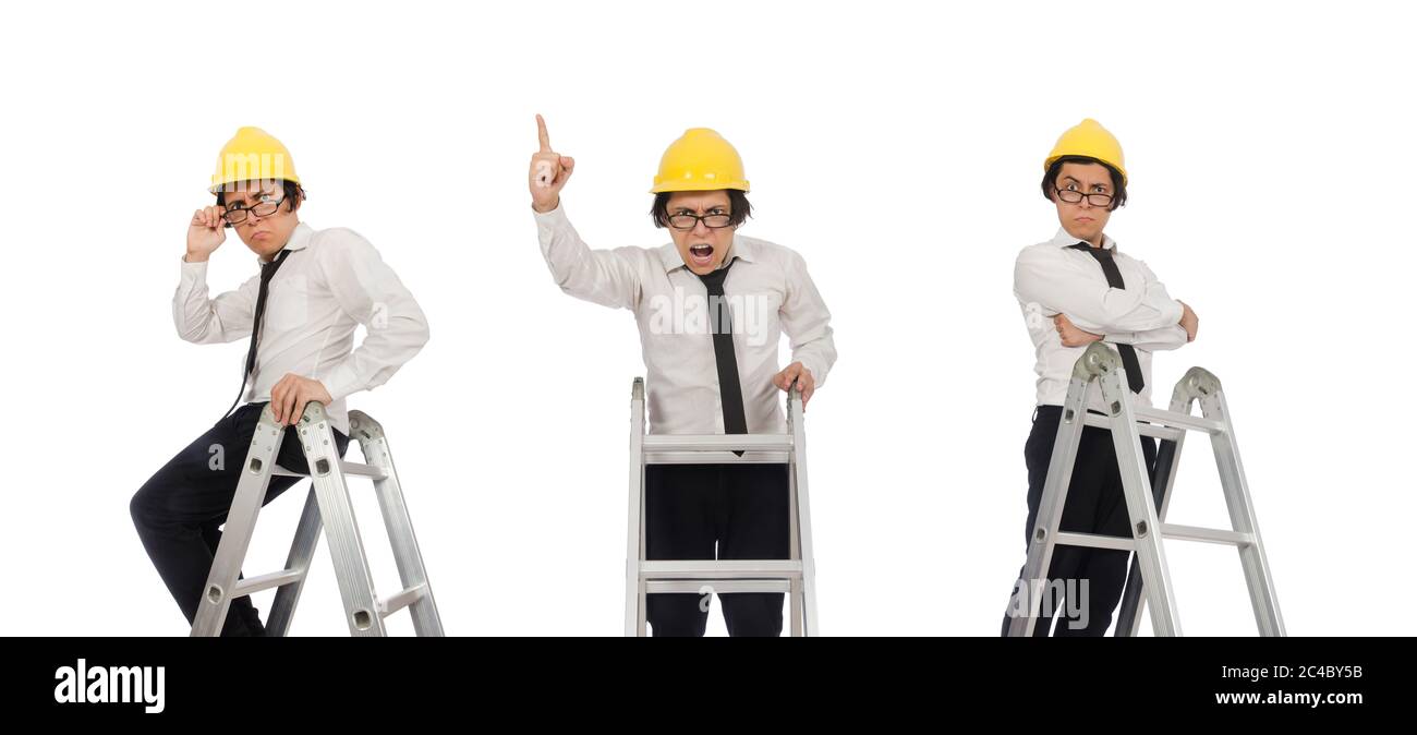 The construction worker in funny concept on white Stock Photo - Alamy