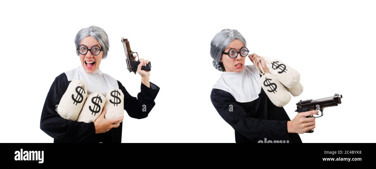 The comic nun isolated on white Stock Photo - Alamy