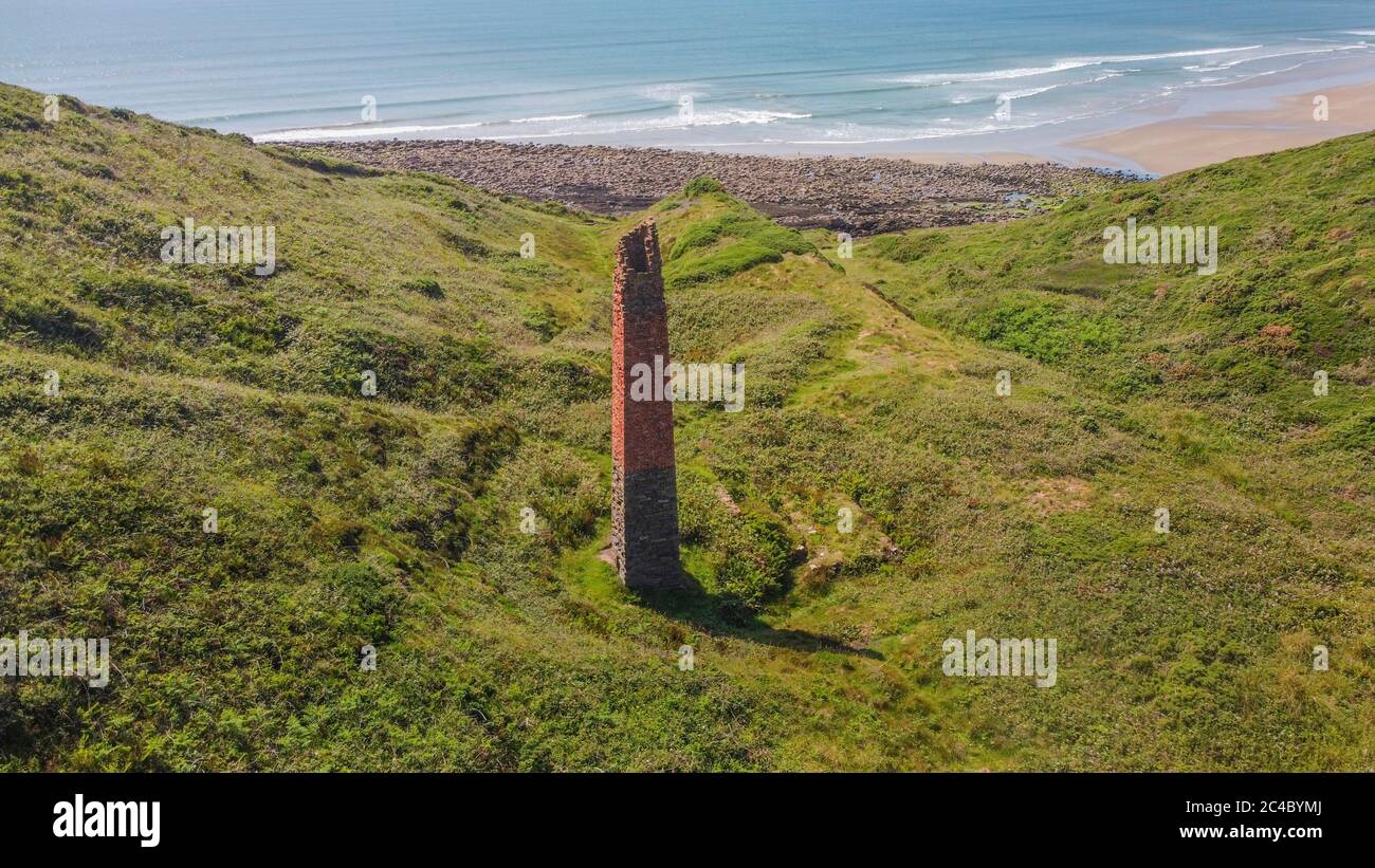 Aerial view of a coal mine chimney, Black cliff Colliery, Newgale near ...