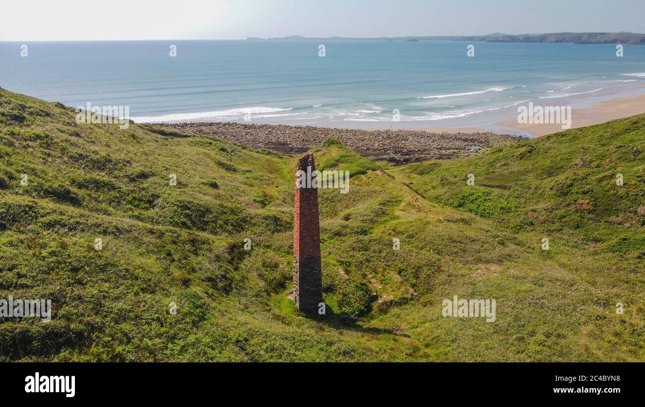 Aerial view of a coal mine chimney, Black cliff Colliery, Newgale near ...