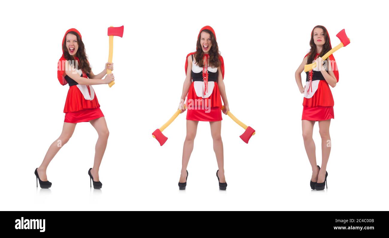 The funny woman with axe isolated on white Stock Photo - Alamy