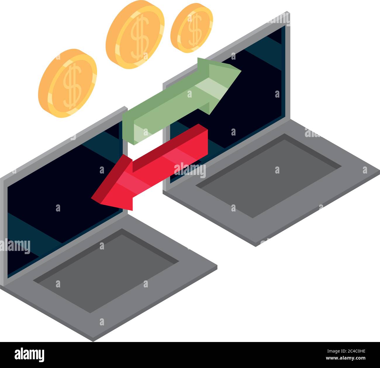 isometric money cash currency laptop connected transfer banking ...