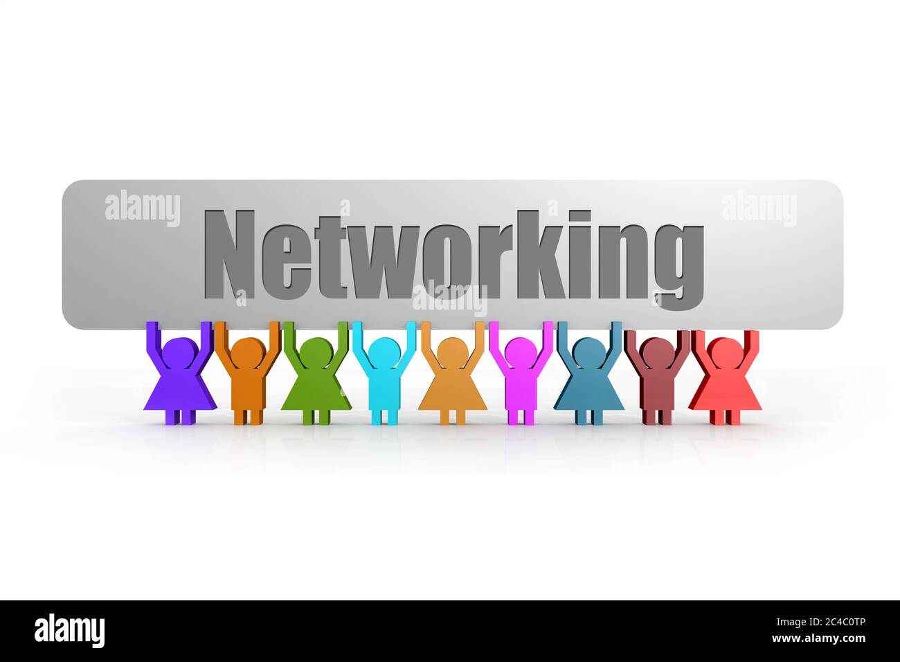 Networking word on a banner hold by group of puppets, 3D rendering ...
