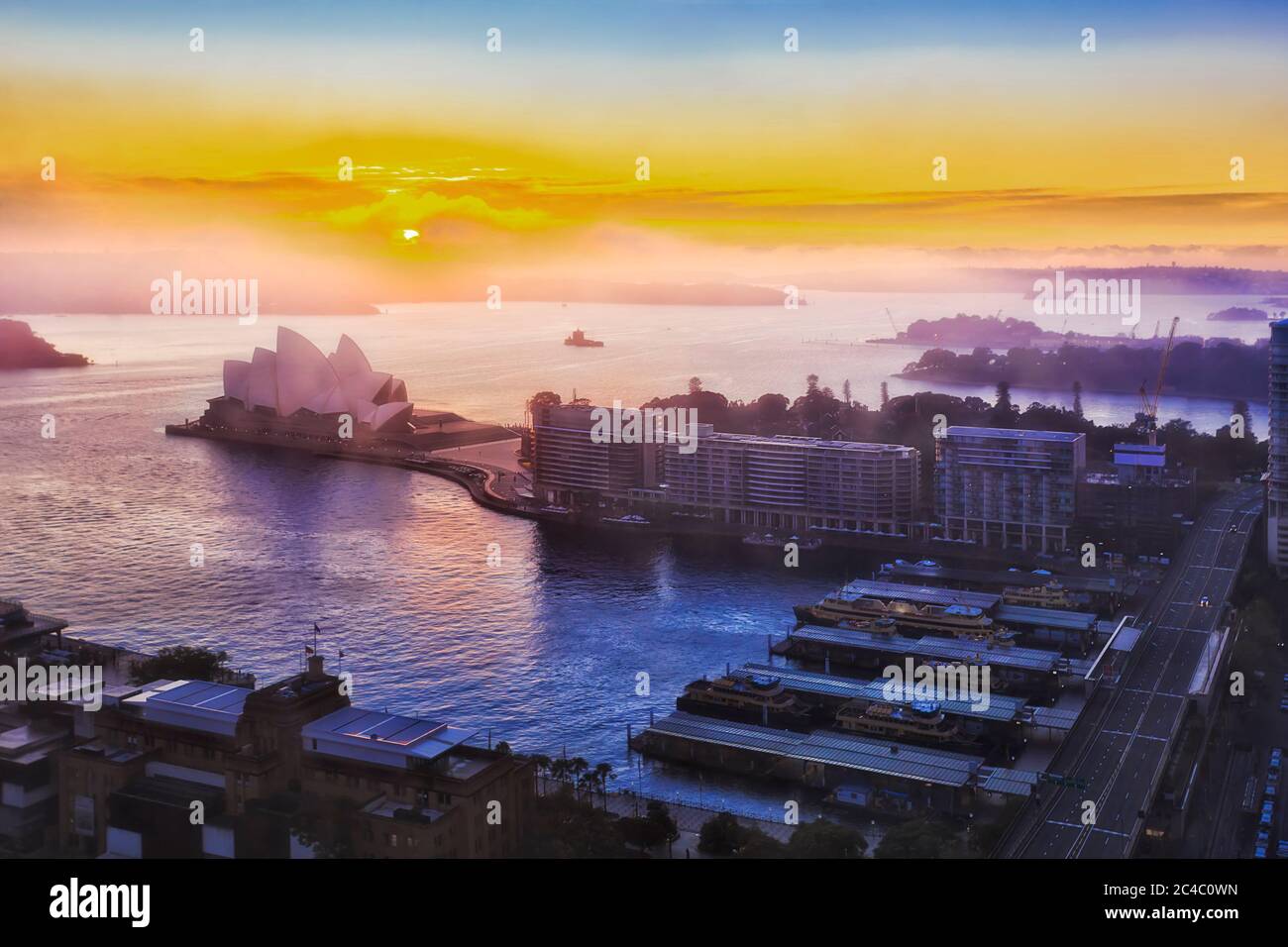 Sydney Harbour waterfront around Circular Quay from elevation of high ...