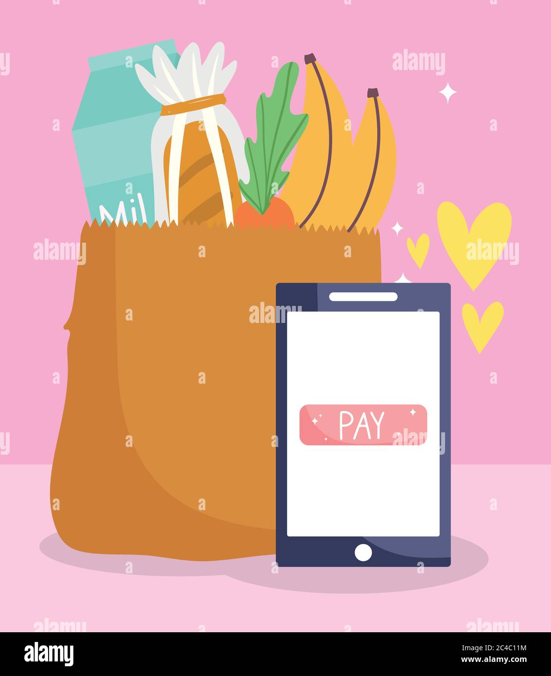 online market, smartphone paper bag with products, food delivery in ...