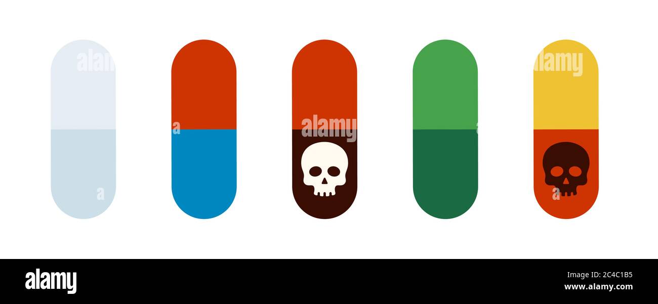 A set of capsule tablets for treatment and with poison vector icon flat ...