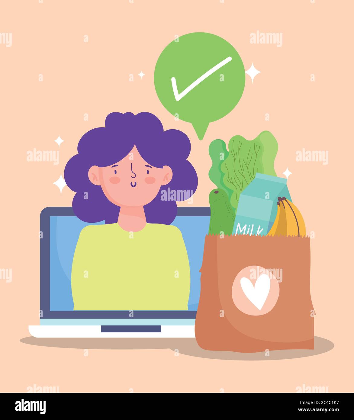 online market, woman ordering virtual check mark, food delivery in ...
