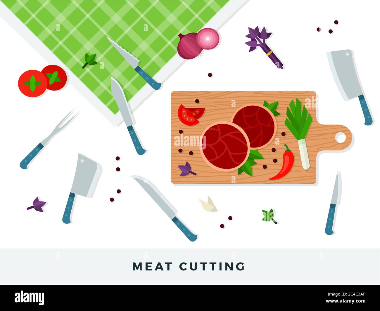 Meat cutting vector illustration in flat design. Concept cooking meat ...