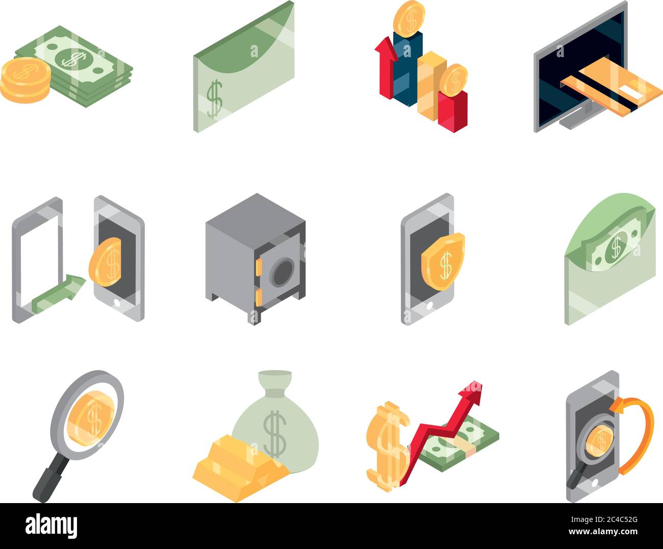 isometric money cash currency business coins banknotes isolated on ...