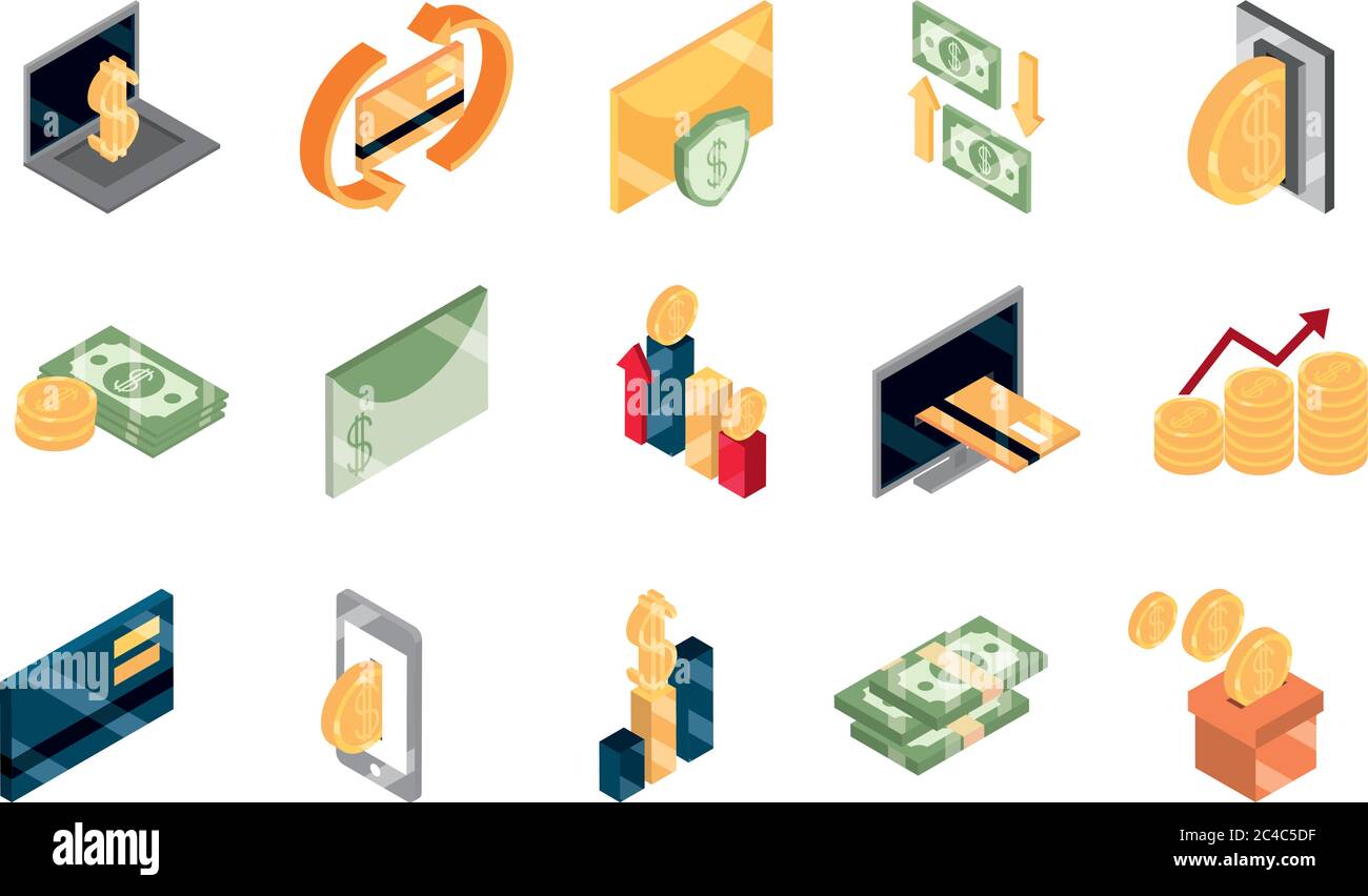 isometric money cash currency business coins banknotes isolated on ...