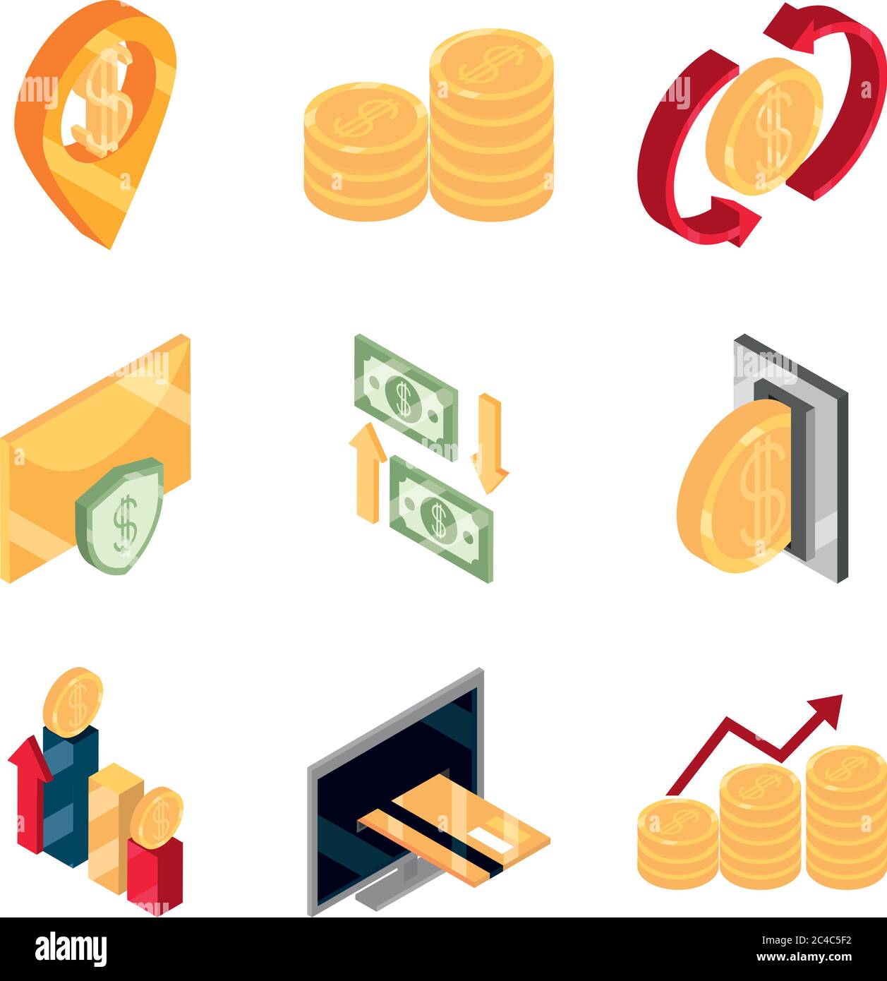 isometric money cash currency business coins banknotes isolated on ...