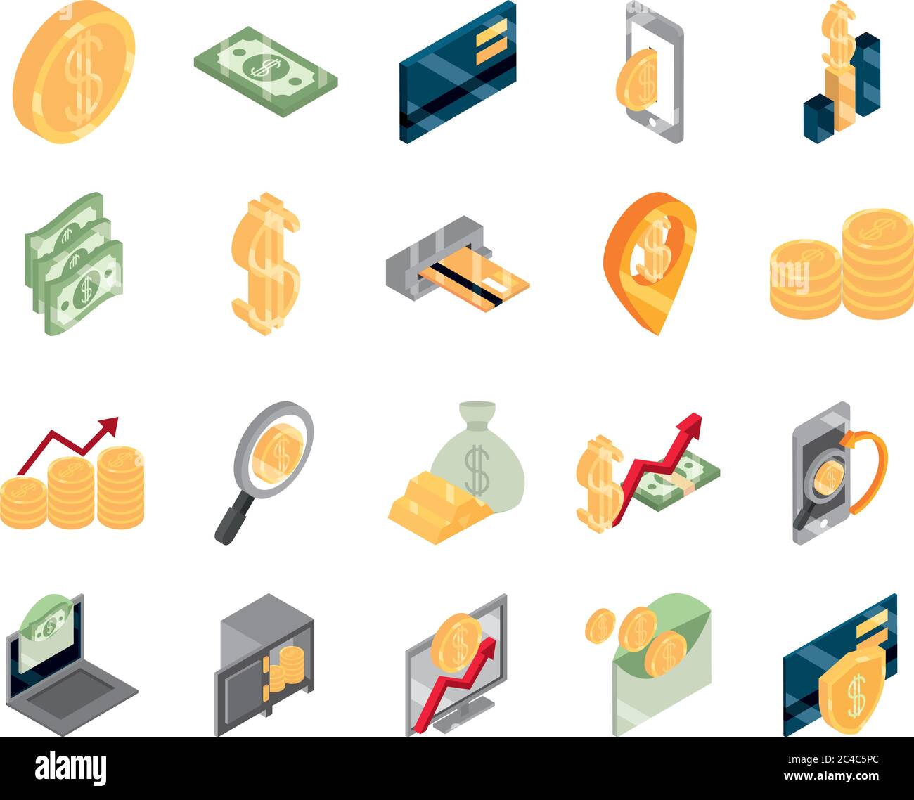 isometric money cash currency business coins banknotes isolated on ...