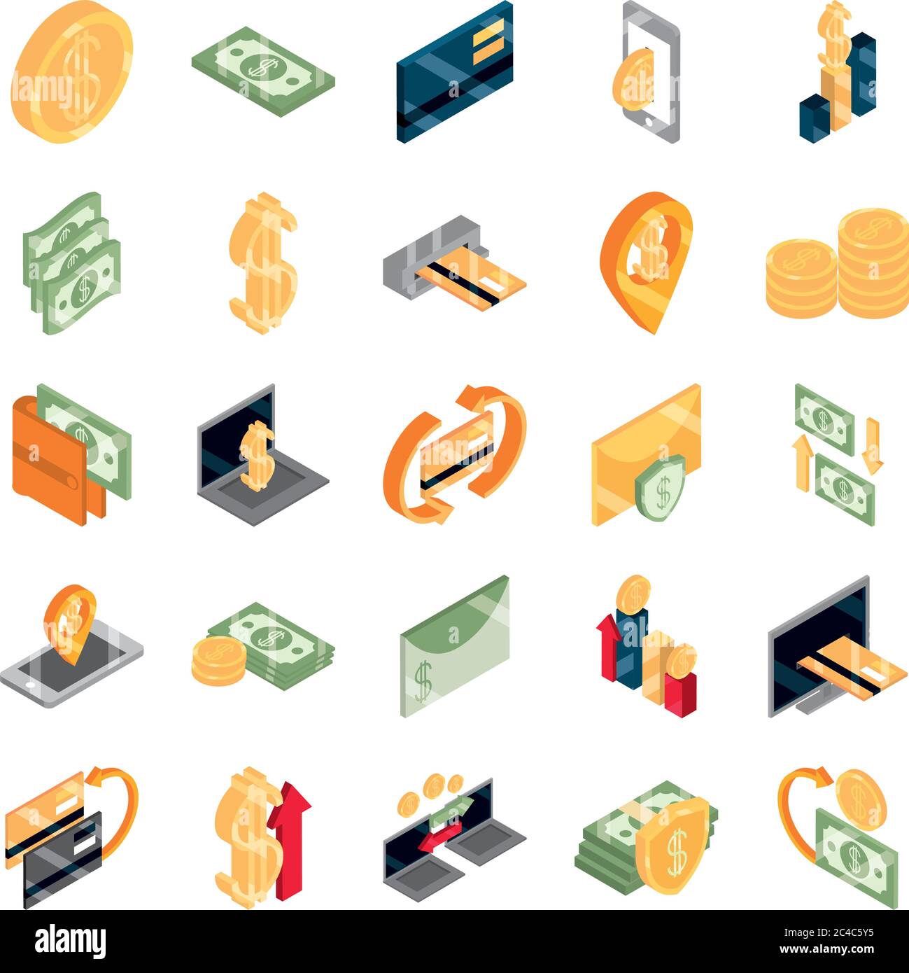 isometric money cash currency business coins banknotes isolated on ...