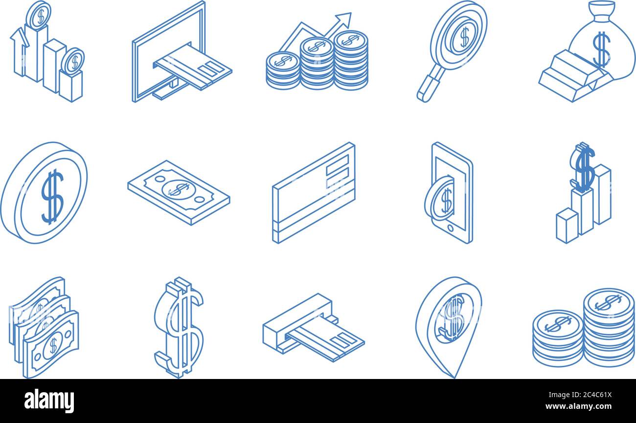 isometric money cash currency business coins banknotes isolated on ...