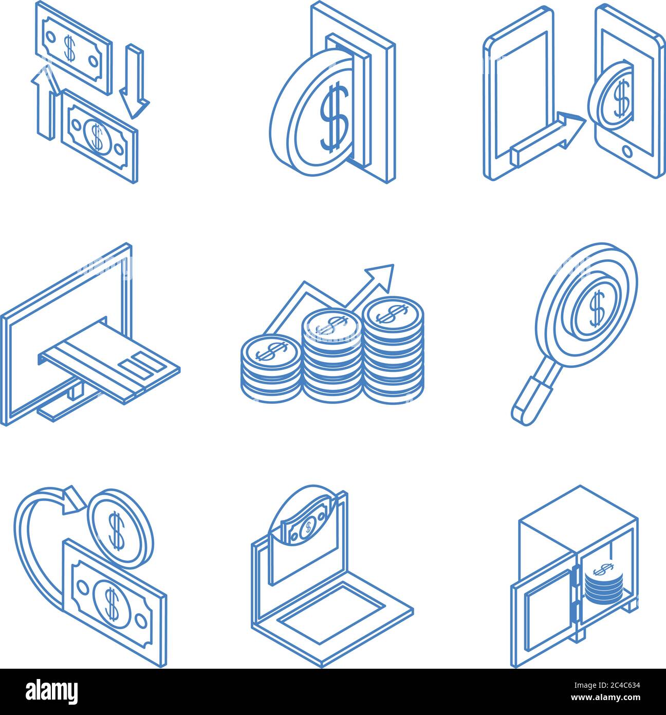 isometric money cash currency business coins banknotes isolated on ...