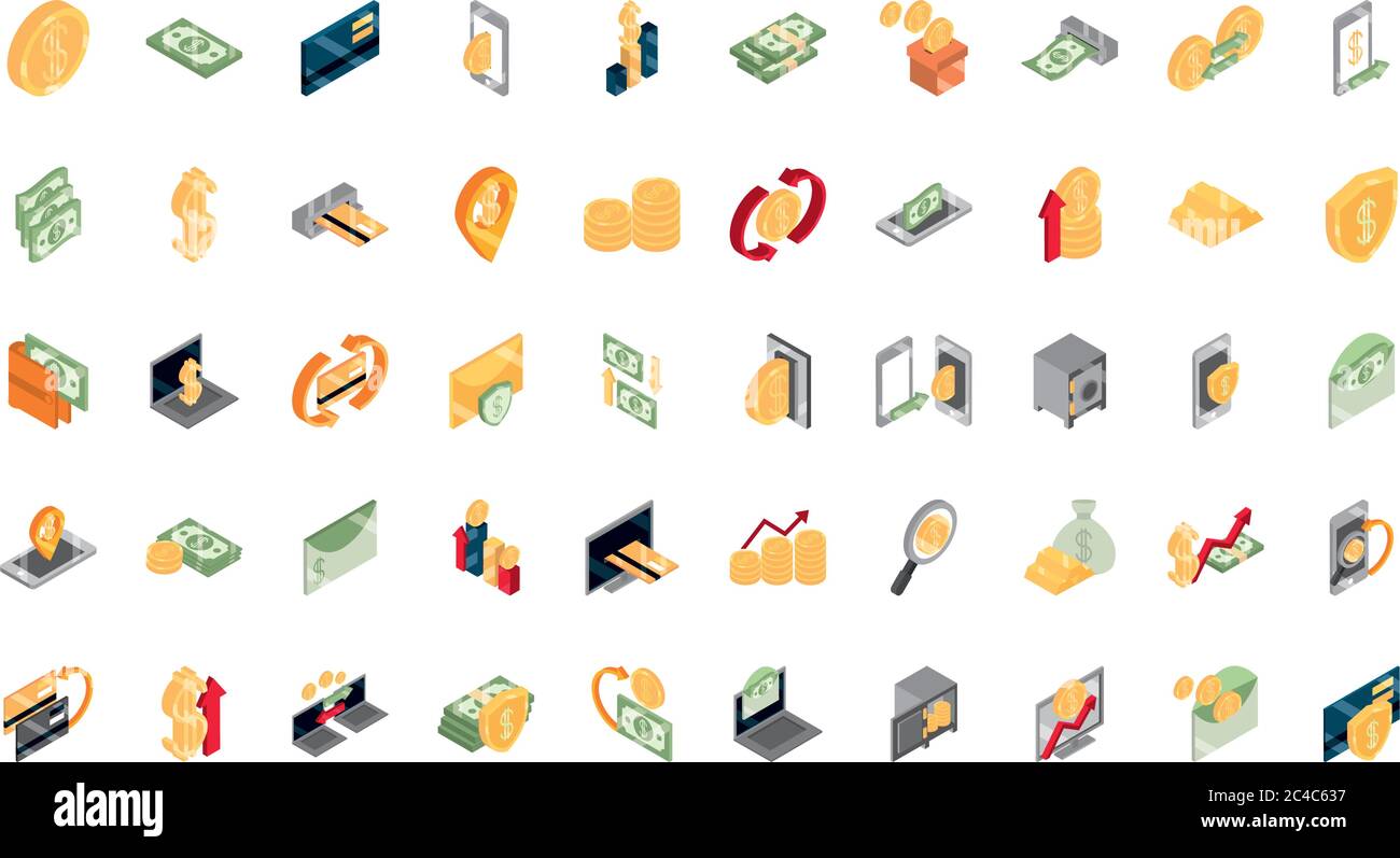 isometric money cash currency business coins banknotes isolated on ...