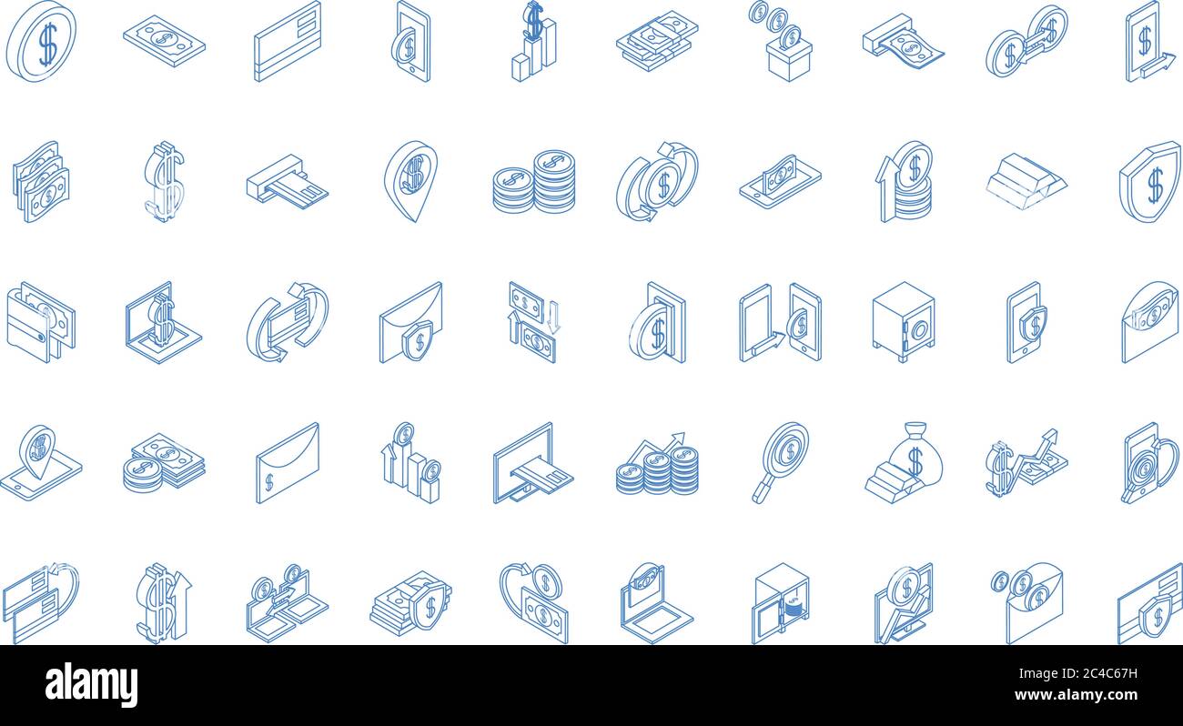 isometric money cash currency business coins banknotes isolated on ...