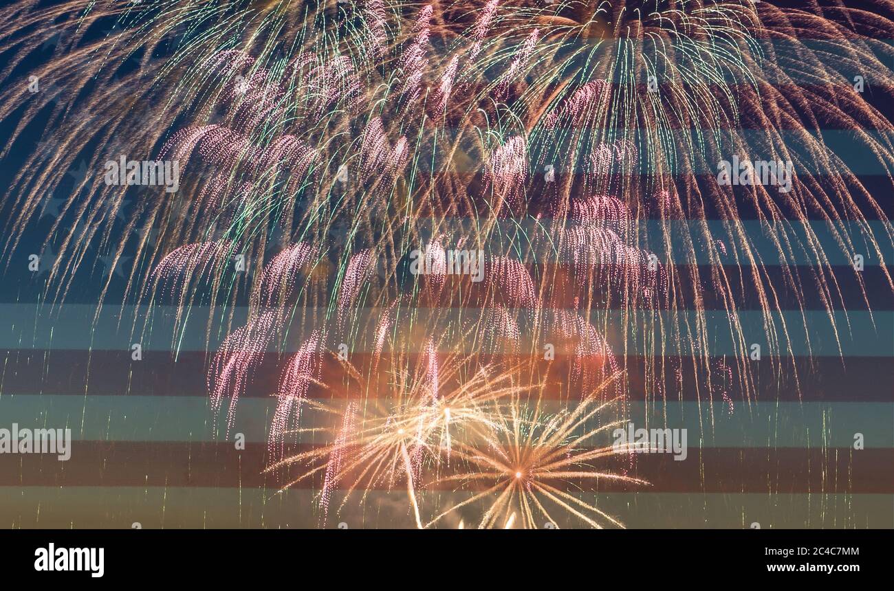 Fireworks with United States of America flag in horizontal layout for ...