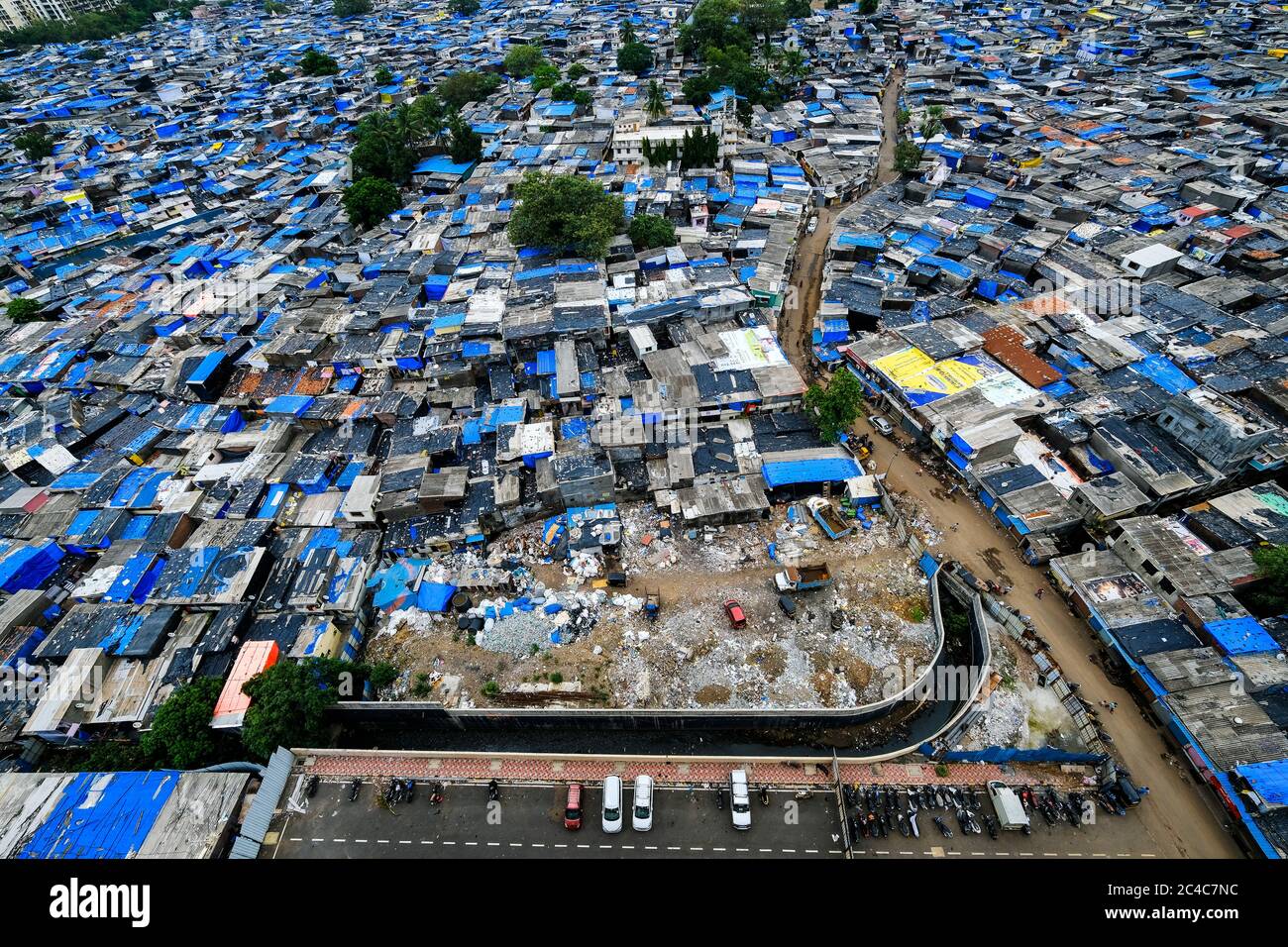 Mumbai, India/June 24, 2020: Aerial view of Appa Pada slum in Malad ...