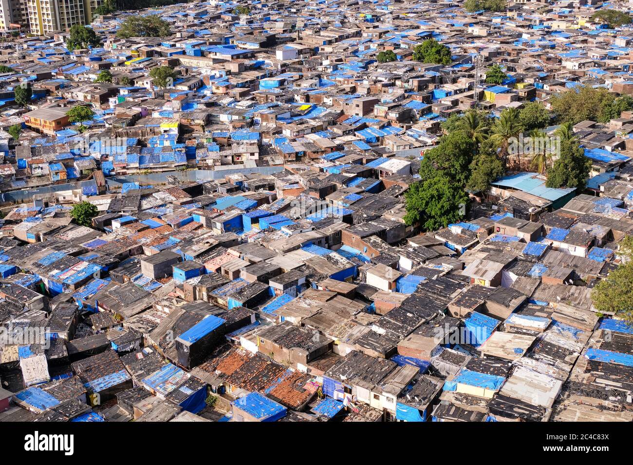 Mumbai, India/June 24, 2020: Aerial view of Appa Pada slum in Malad ...
