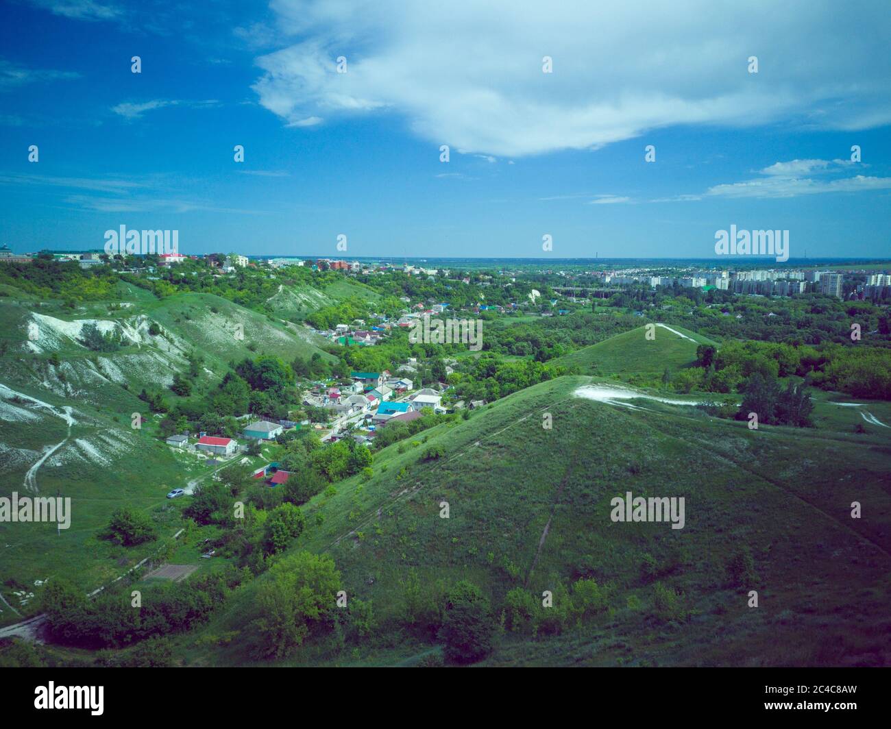 Aerial view of countryside in summer. Bird's eye view of village in ...