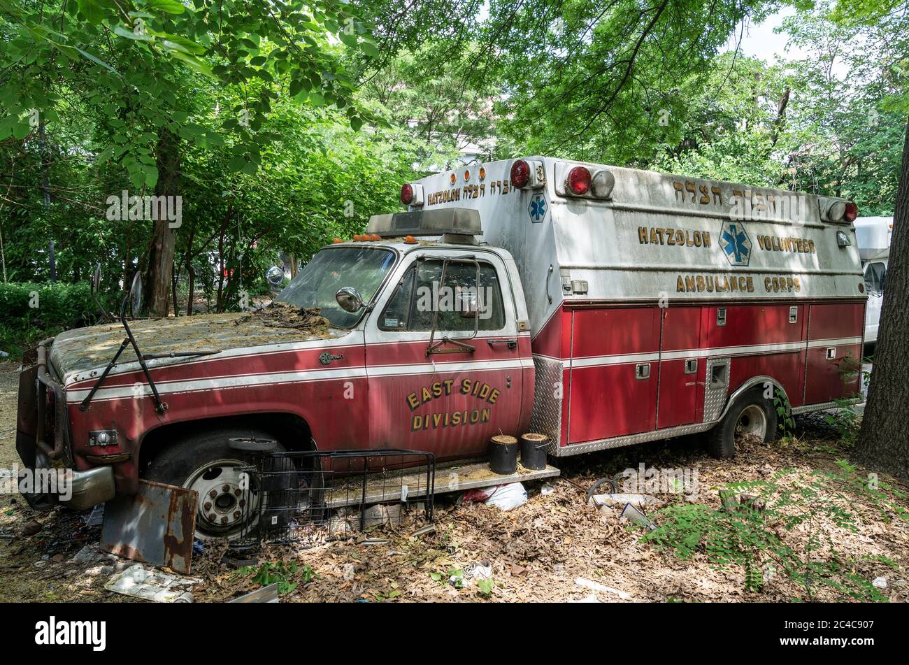 New York, NY - June 25, 2020: Old rusted ambulance vehicle by Hatzoloh ...