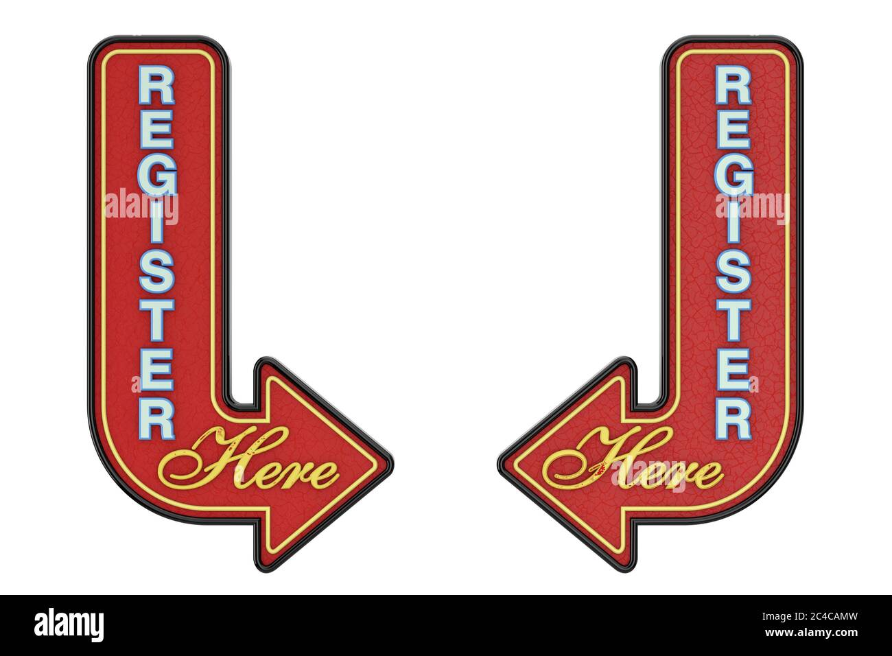 Vintage Rusty Metal Register Here Arrow Sign on a white background. 3d ...